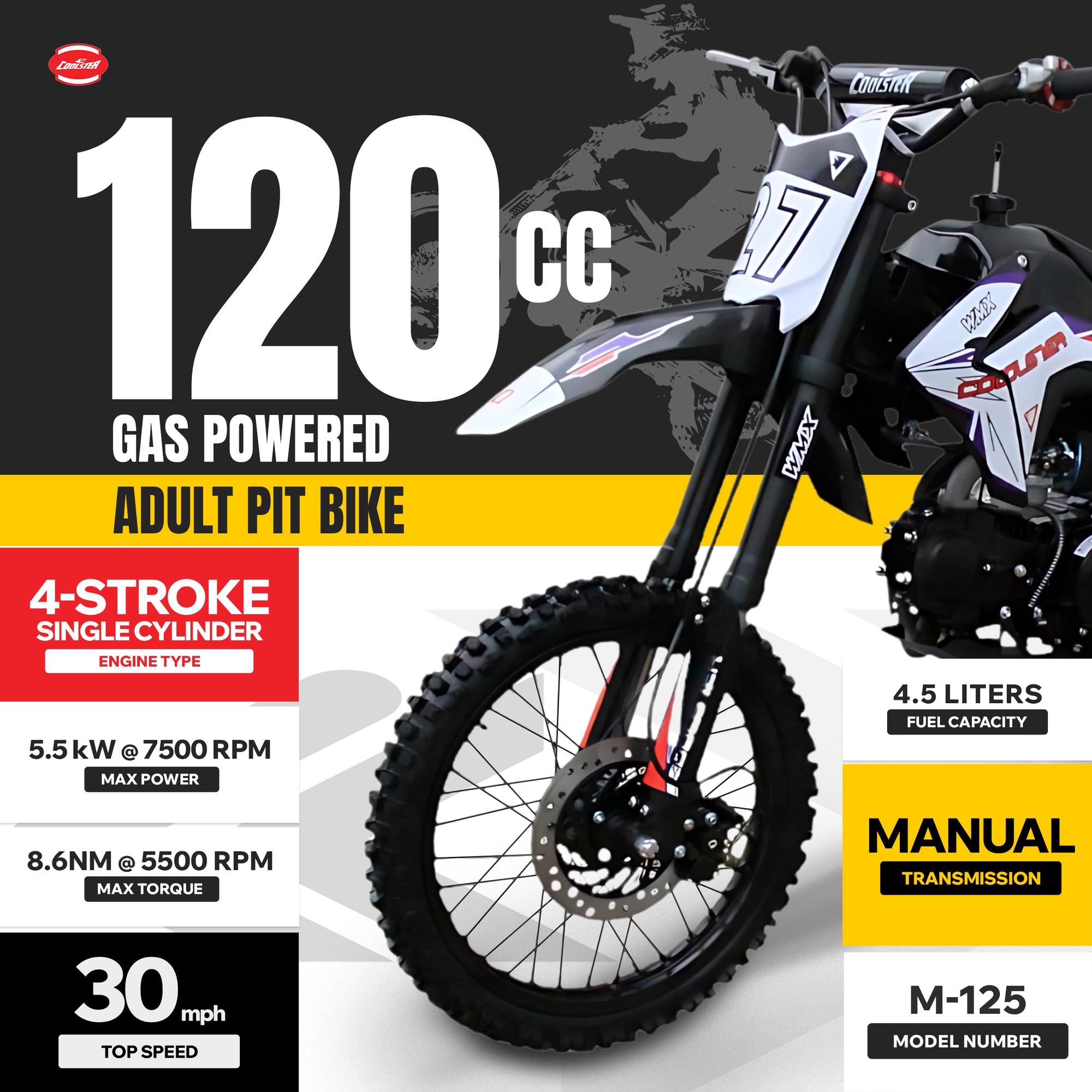 125cc Dirt Bike, 3 Speed Manual Gas Off-Road Motorcycle - Coolster M-1