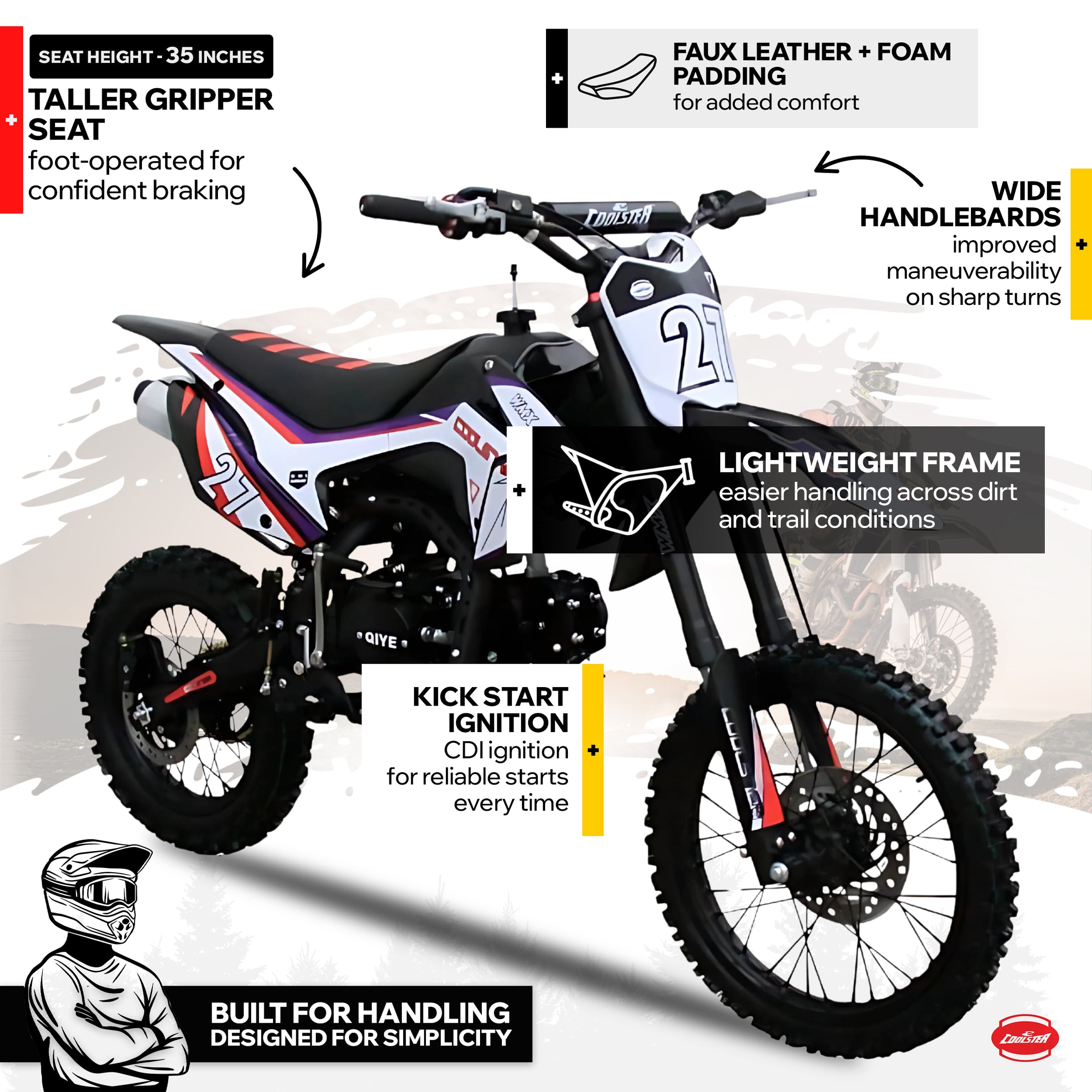 125cc Dirt Bike, 3 Speed Manual Gas Off-Road Motorcycle - Coolster M-1